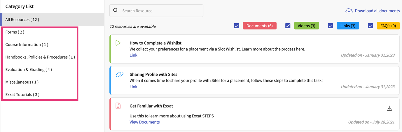 Resources Available – Exxat