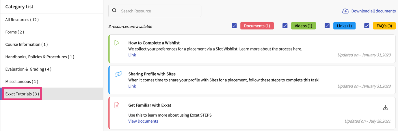 Resources Available – Exxat